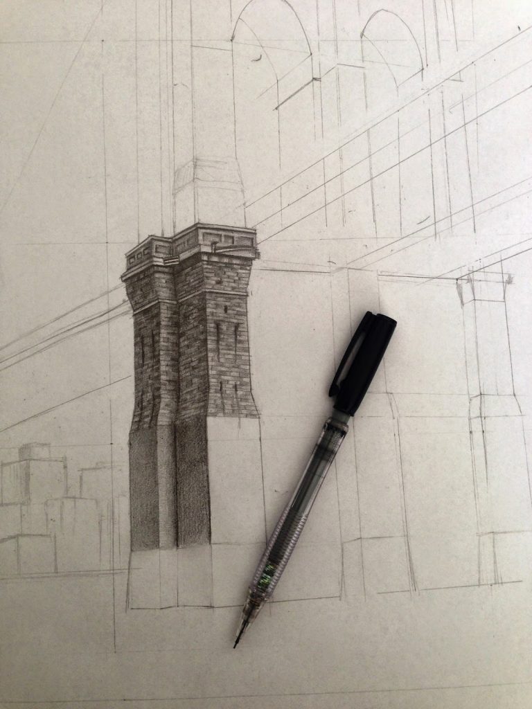 Brooklyn Bridge - pencil drawing - Dreams of an Architect